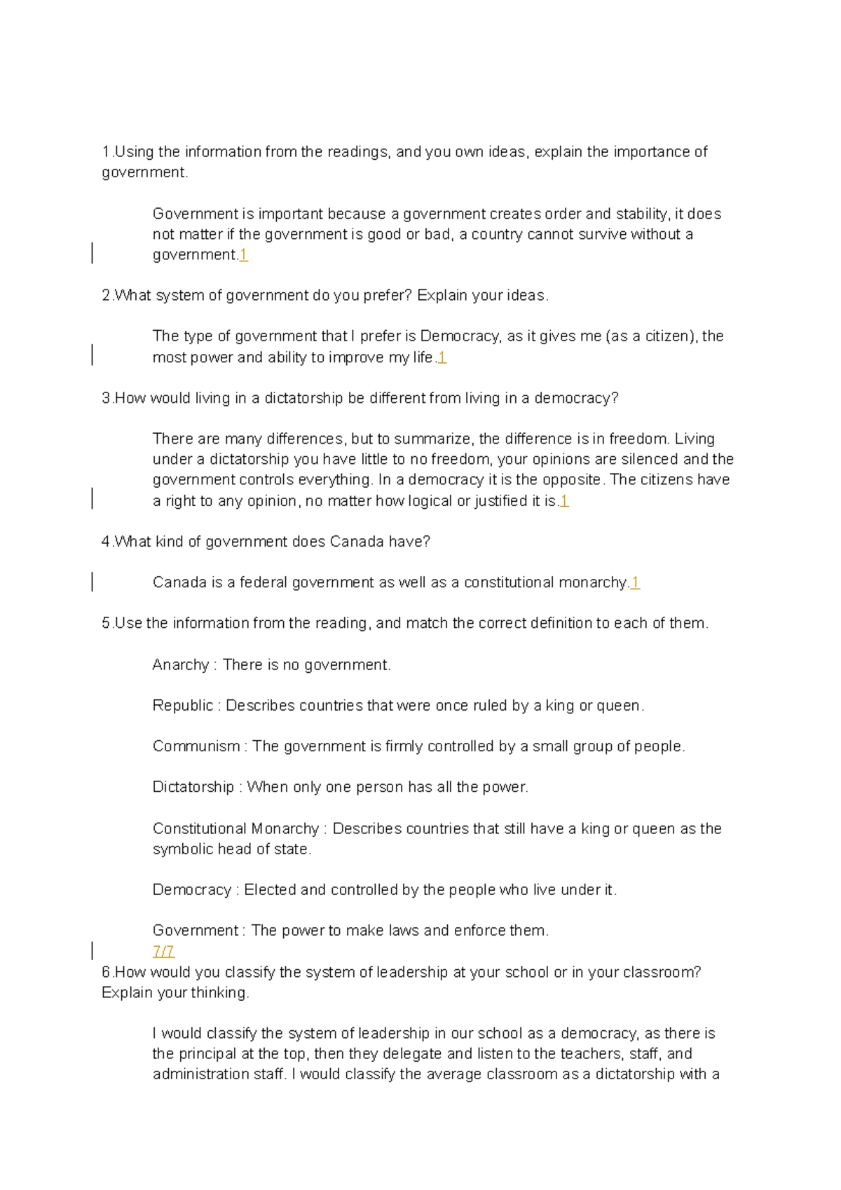 Government Questions - 1 the information from the readings, and you own ...