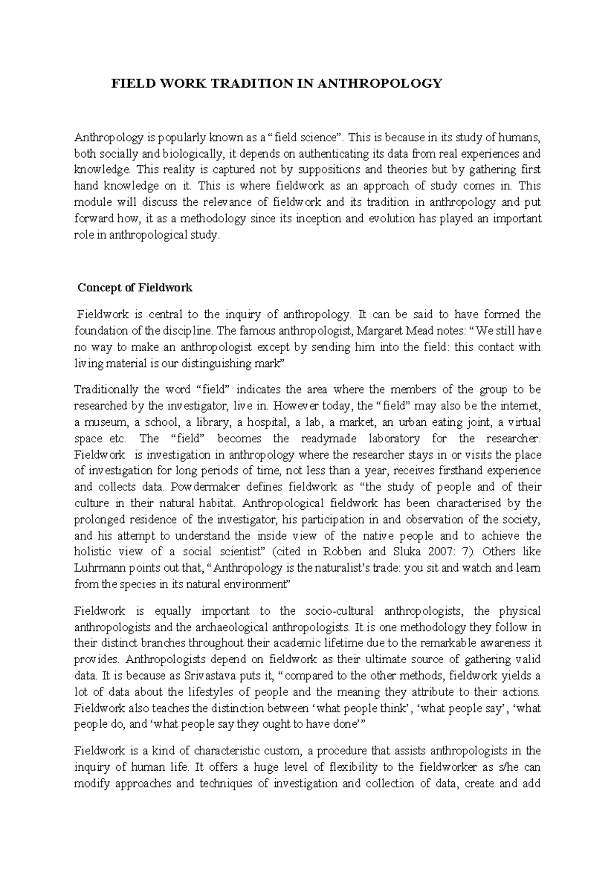 Tradition IN Anthropology - FIELD WORK TRADITION IN ANTHROPOLOGY ...