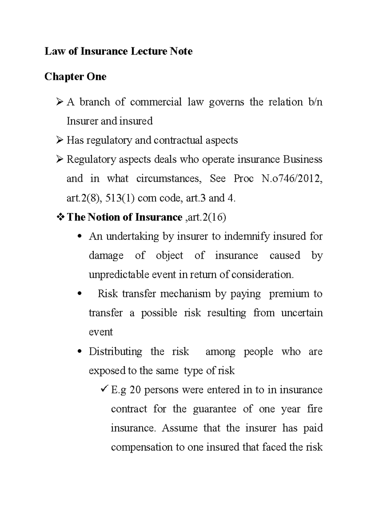 Law of Insurance Lecture Note This lecture note totally emphasizes on ...