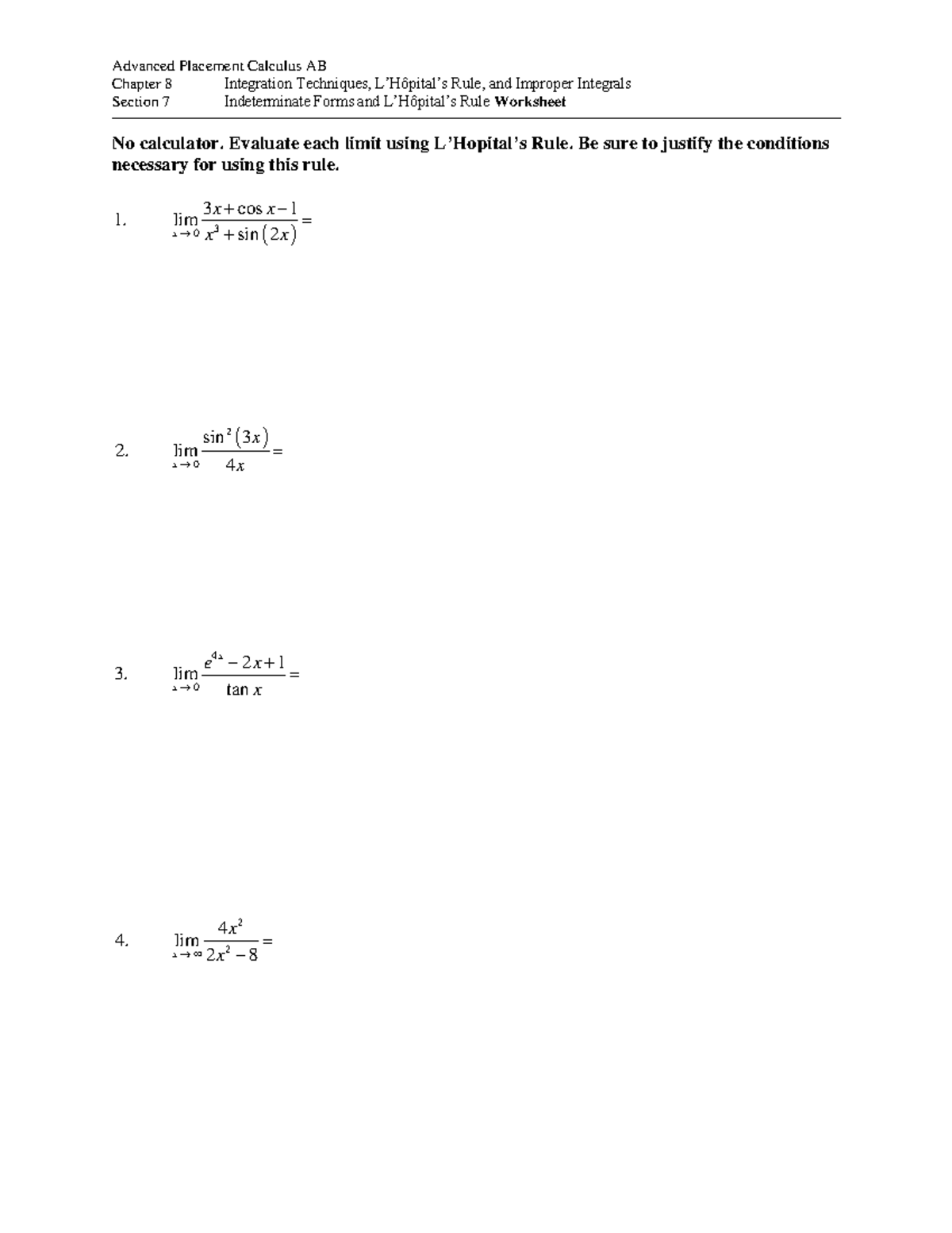 Chapter 3 lesson 6 Worksheet LHopitals Rule - Advanced Placement ...