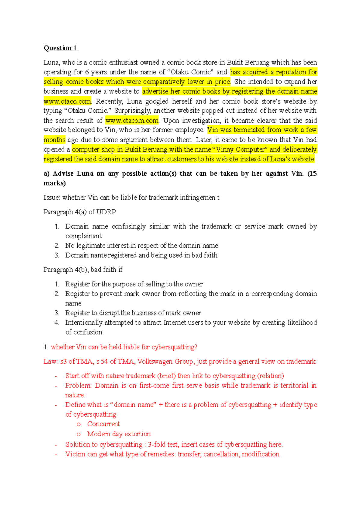 Tutorial 11 - Cyberlaw - Question 1 Luna, who is a comic enthusiast owned a comic book store in ...