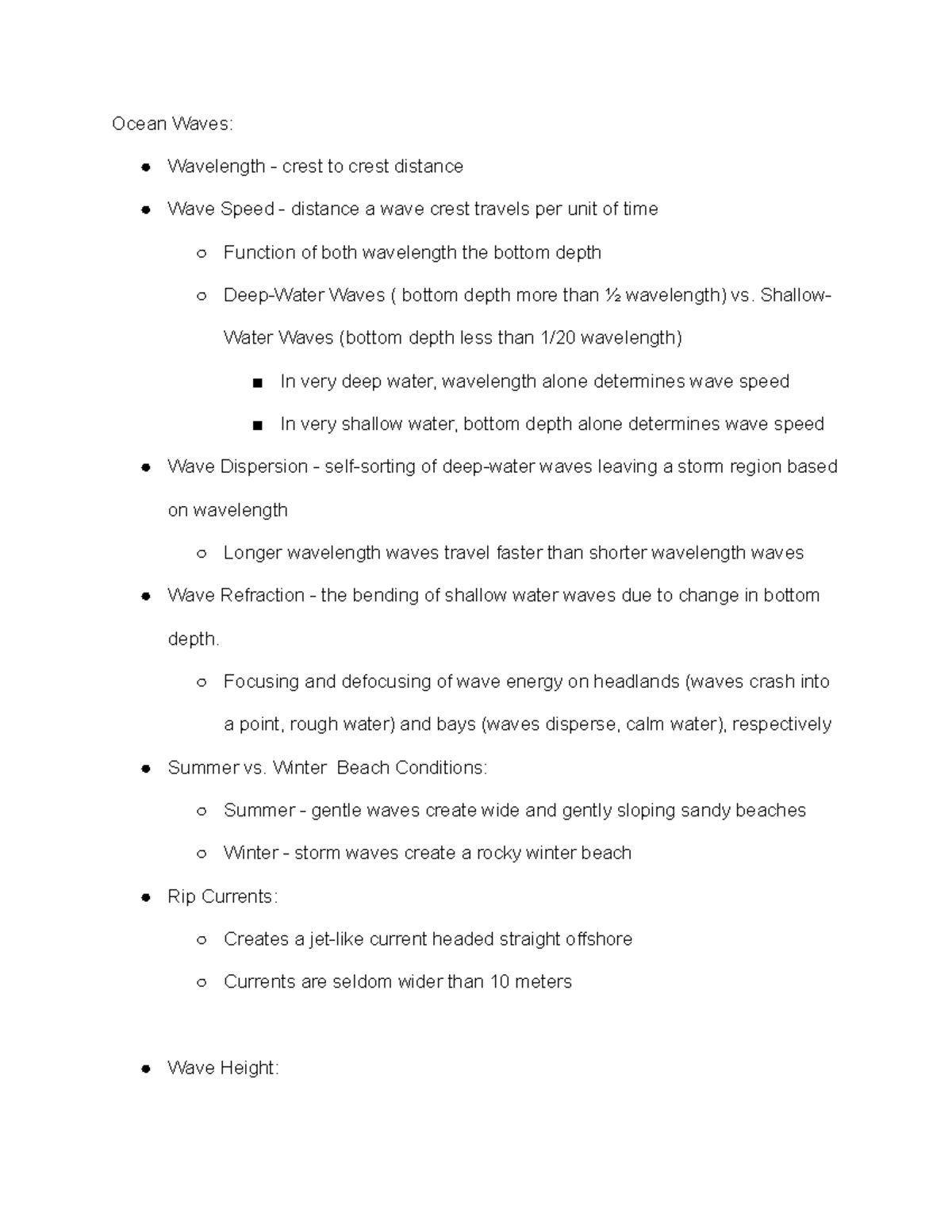 9 11 15 Class Notes - Ocean Waves: Wavelength - crest to crest distance ...