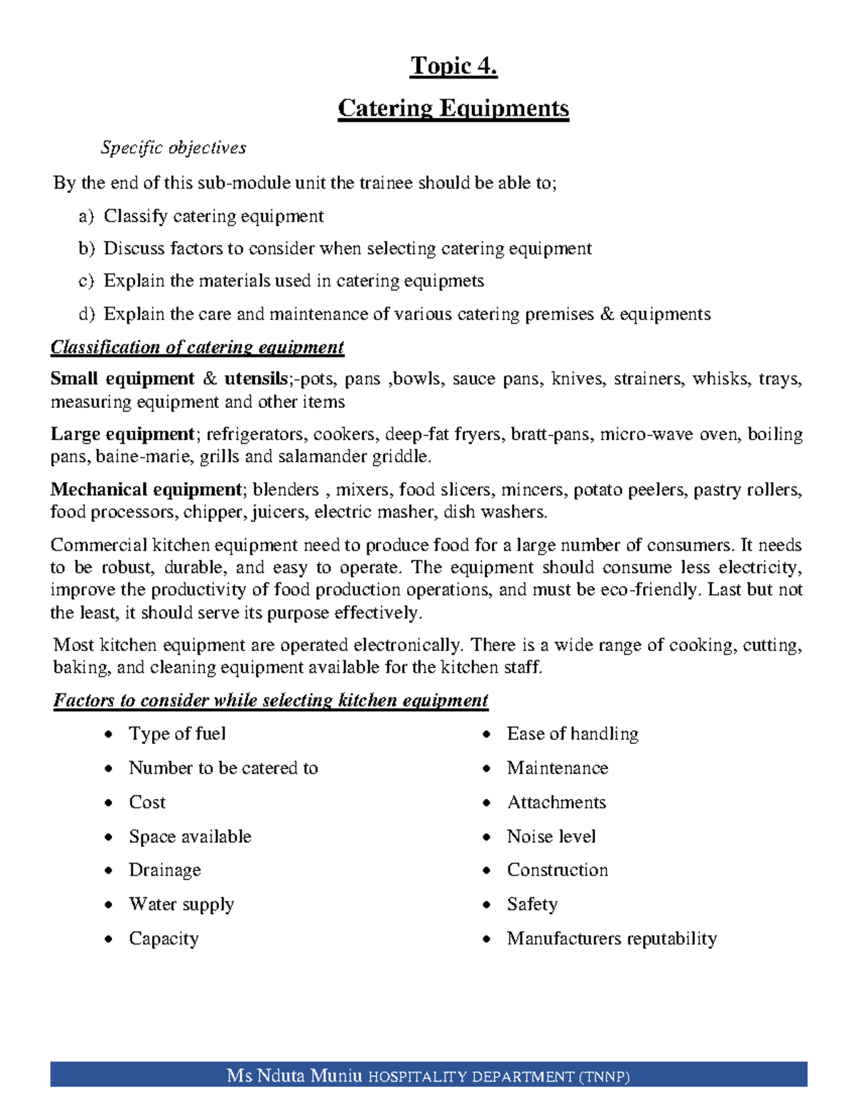 Topic 4. Catering Equipment - Topic 4. Catering Equipments Specific ...