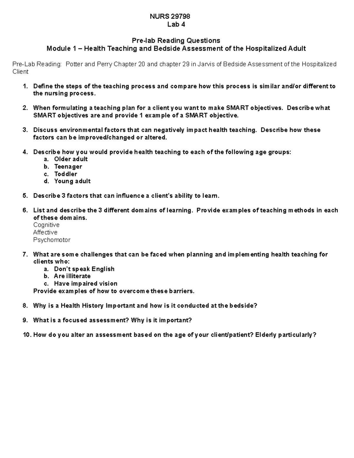 Module 1 - Health Teaching and Nursing Assessments- Pre-lab reading ...