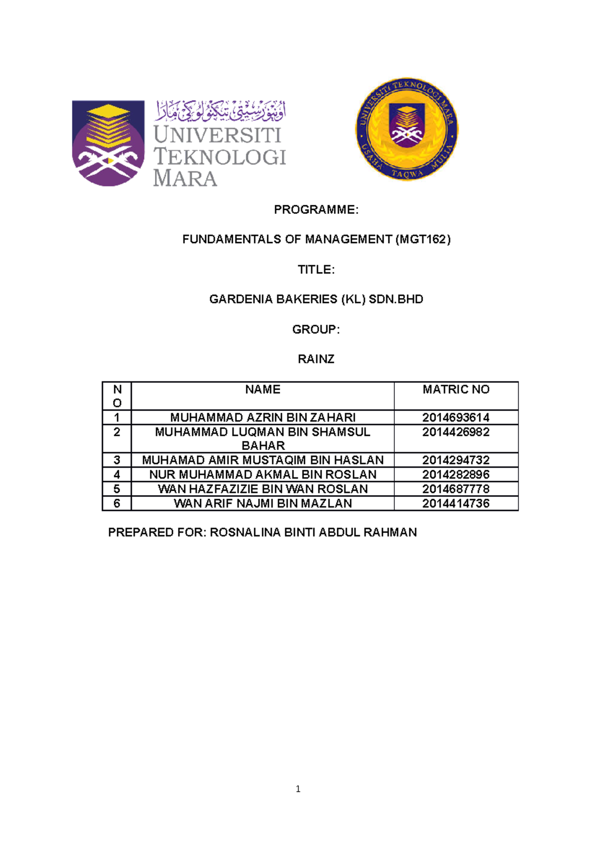 Assignment UED BA119 - PROGRAMME: FUNDAMENTALS OF MANAGEMENT (MGT162 ...
