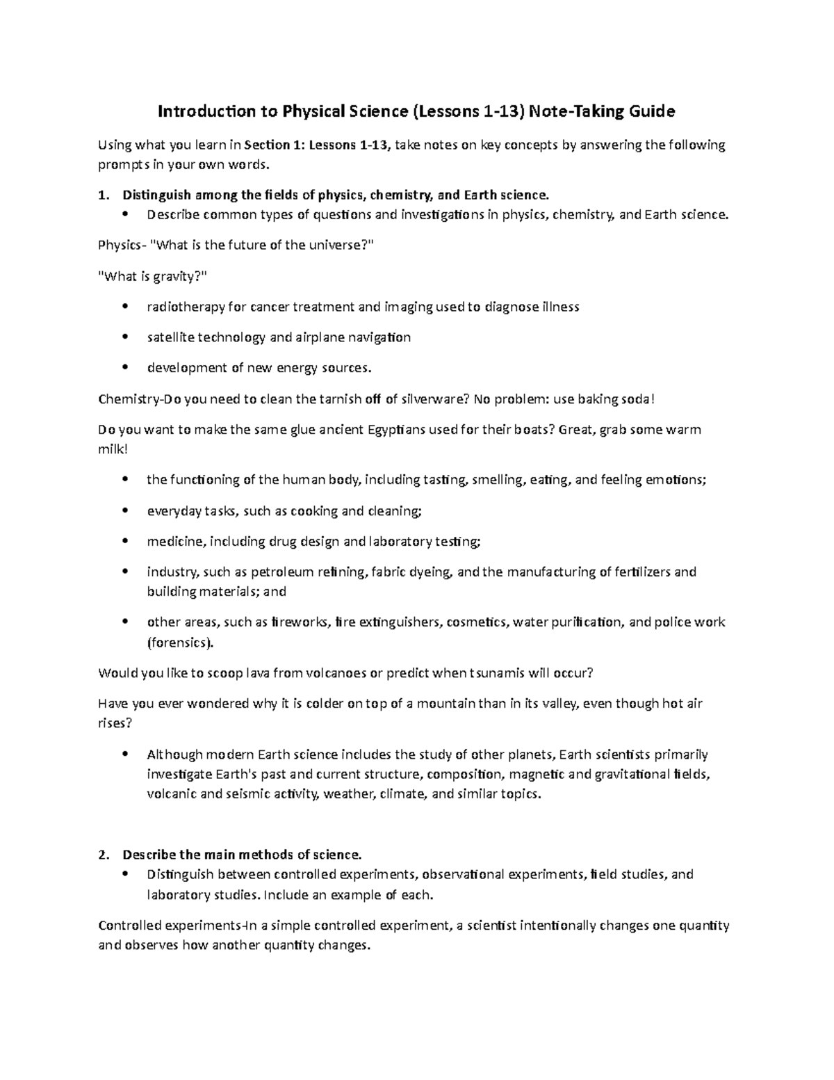 Section 1 introduction to physical science (lessons 1-13 ...