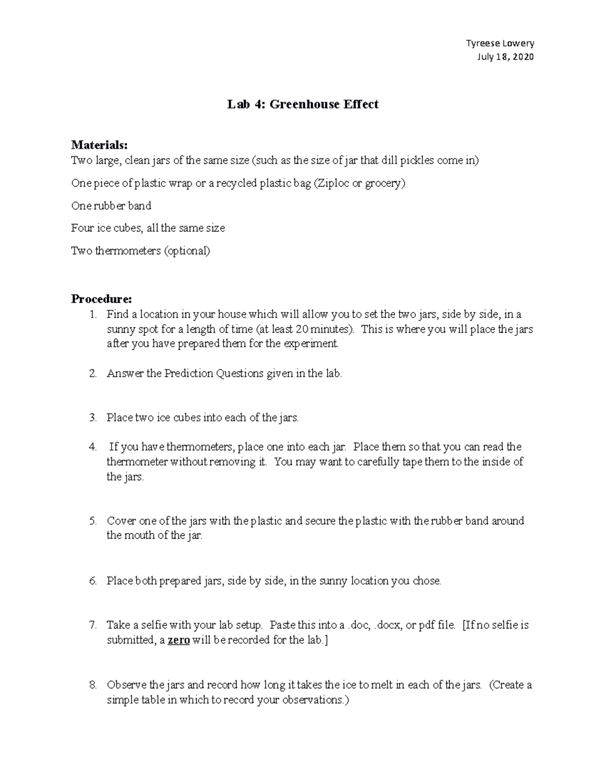 Lab 4 Greenhouse Effect - July 18, 2020 Lab 4: Greenhouse Effect ...