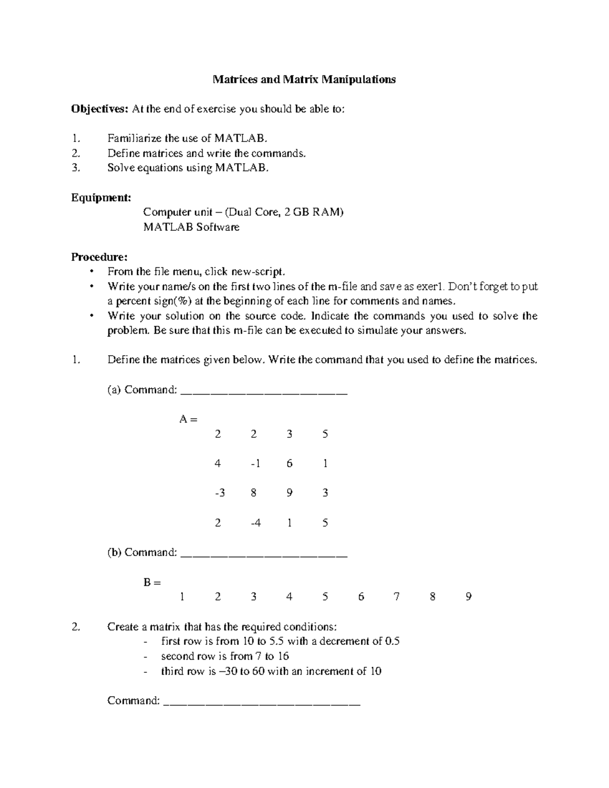 Digital Signal Processing Exercise 1 - Matrices and Matrix ...