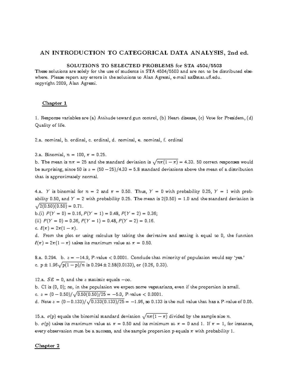 Solution - AN INTRODUCTION TO CATEGORICAL DATA ANALYSIS, 2nd ed ...