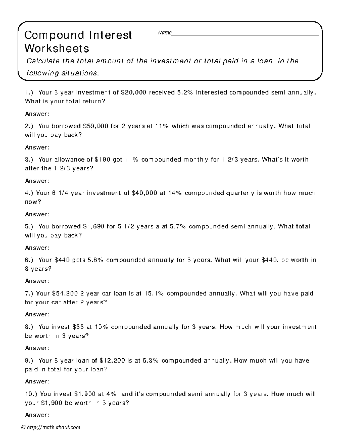 Compound Interest Worksheet 2 - © hƩp:math.about Compound Interest ...