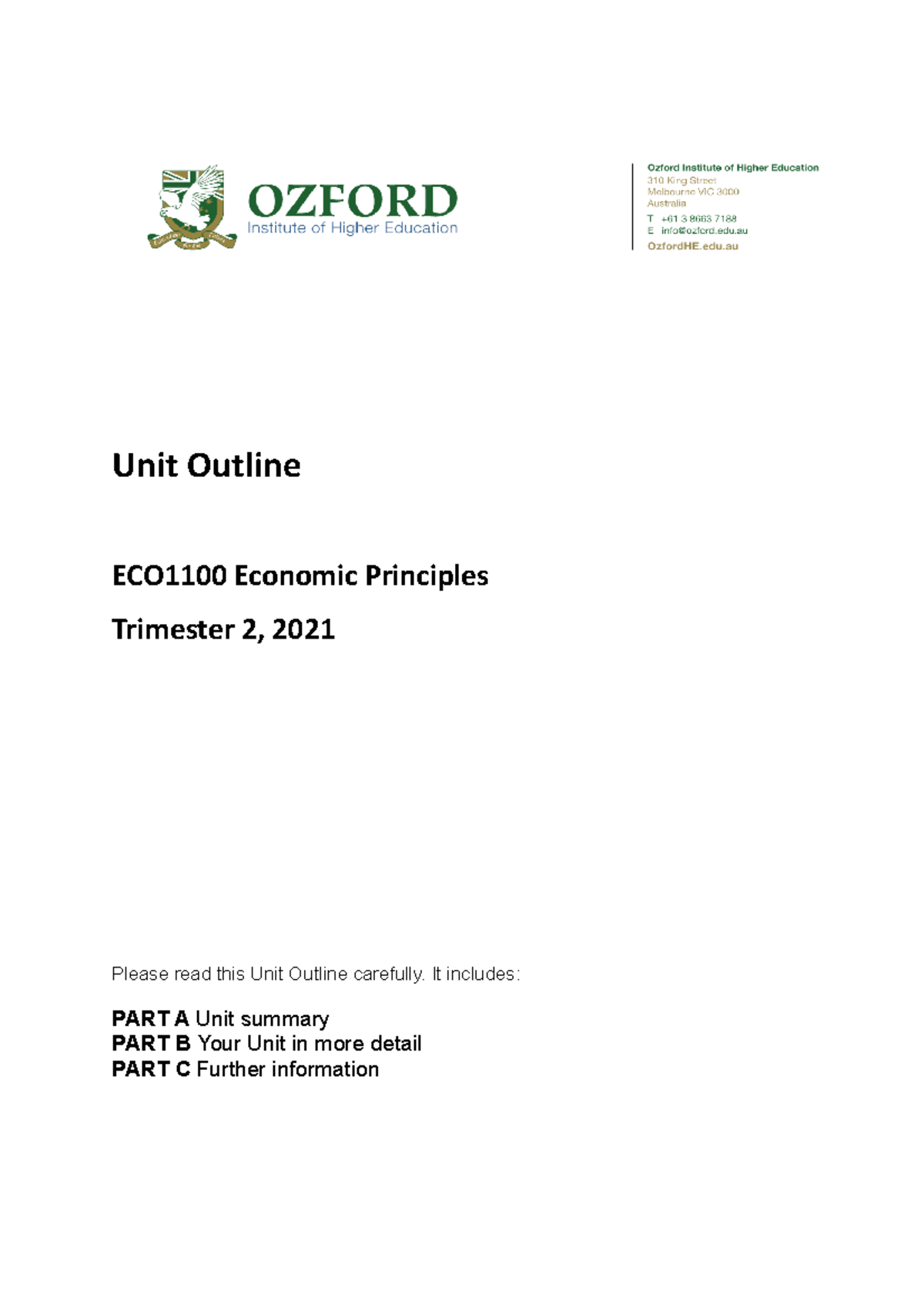 ECO1100 Unit Outline T2 2021 Michael last update - Management ...