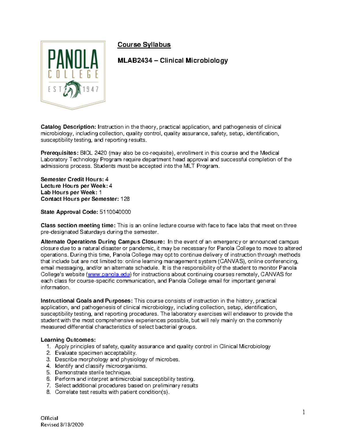 Syllabus microbio - micro - Official 1 Course Syllabus MLAB2434 3 ...
