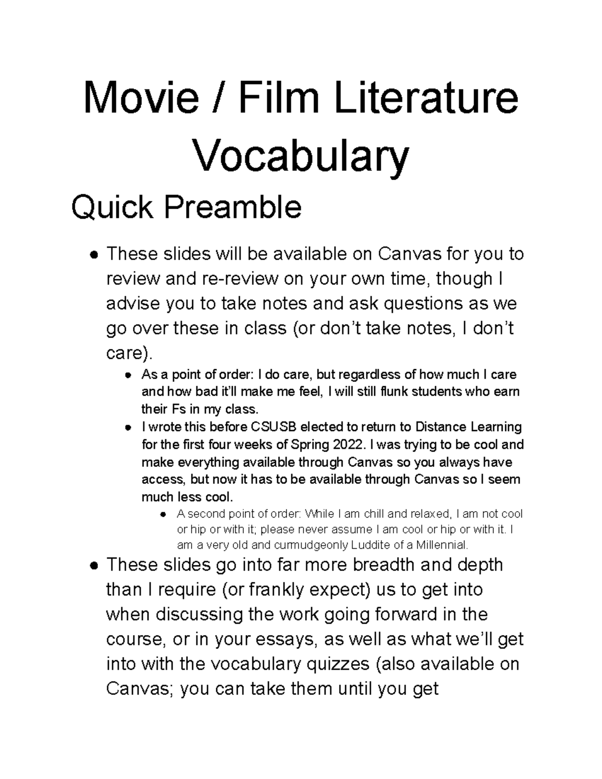 Movie: Film Literary - Notes - Movie / Film Literature Vocabulary Quick ...