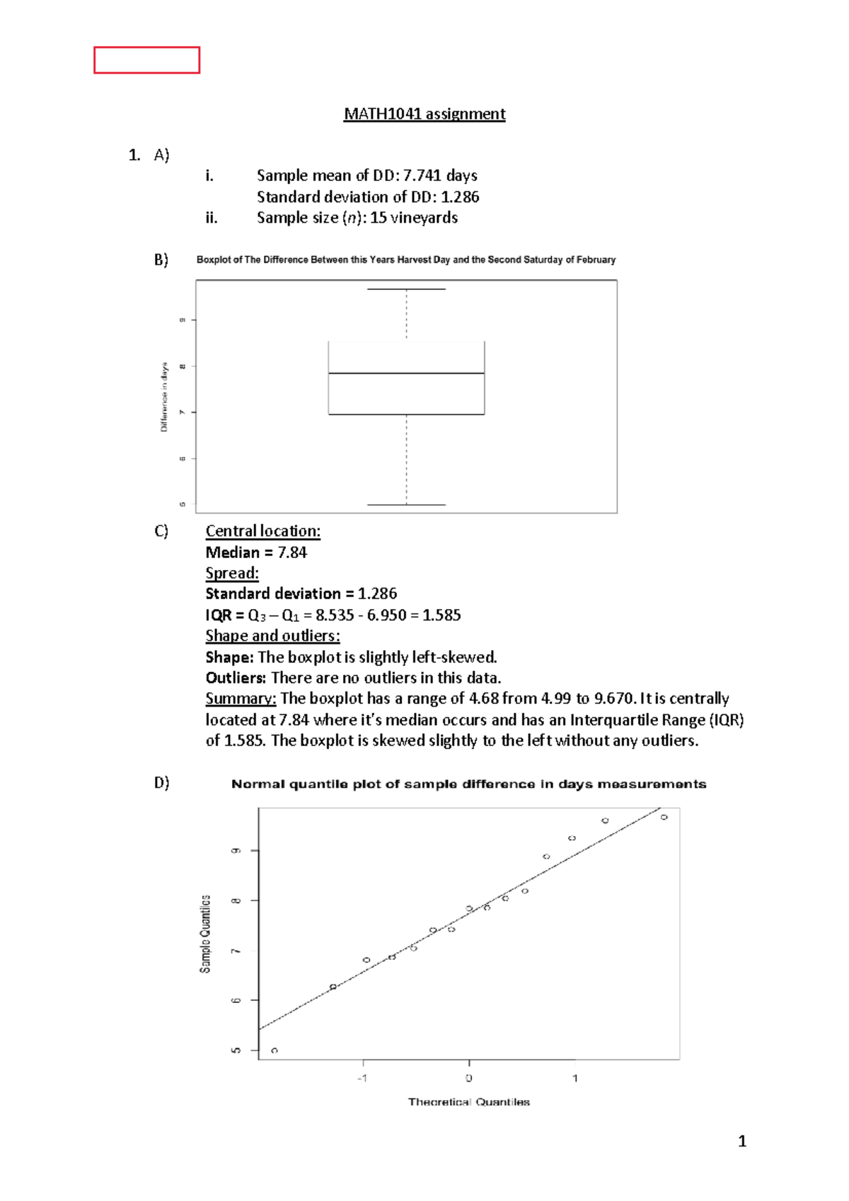 Math1041 assignment - MATH1041 assignment A) i. Sample mean of DD: 7 ...