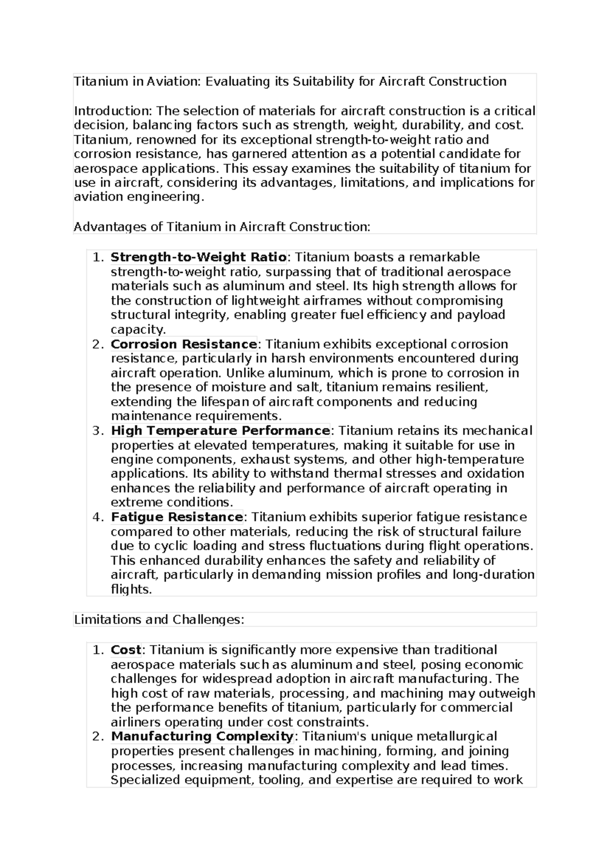 Materials essay - assignment 2 - Titanium in Aviation: Evaluating its ...