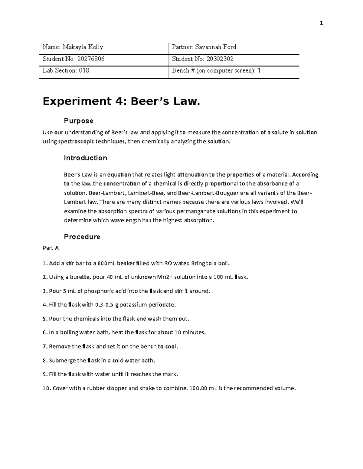 Template Beers Law - Lab assignment for chem 112. individual assignment ...