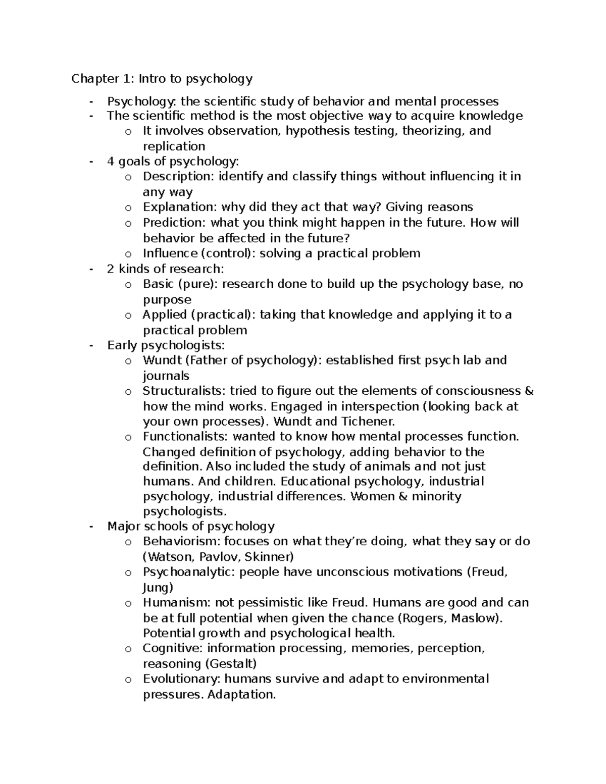 Psych - Lecture notes 1 - Chapter 1: Intro to psychology Psychology ...