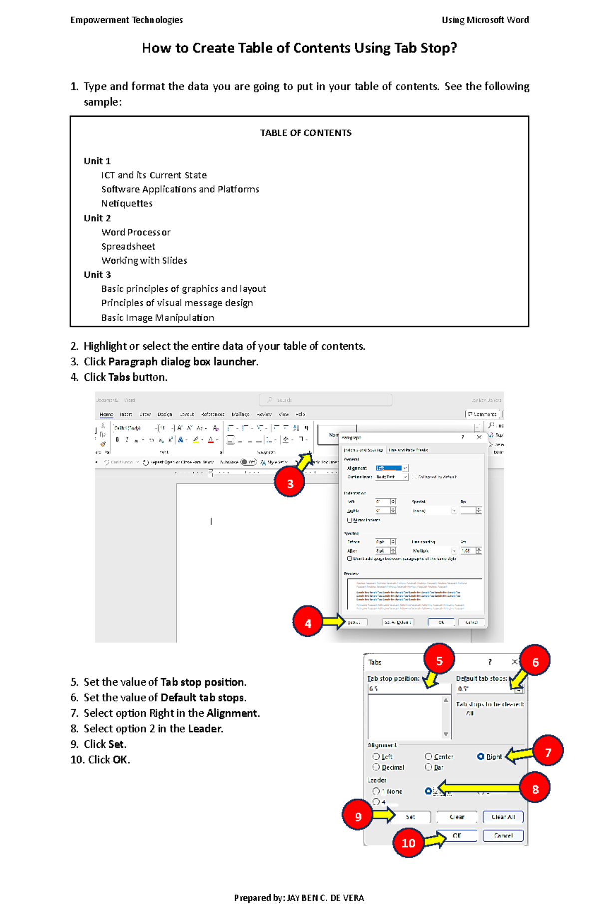 How to Create Table of Contents Using Tab Stop - Empowerment ...