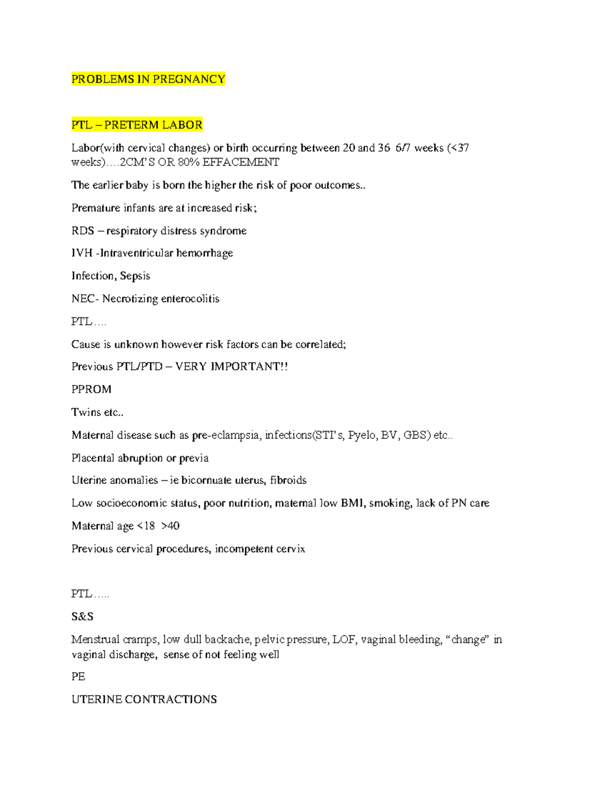 Problems IN Pregnancy PTL – Preterm Labor - PROBLEMS IN PREGNANCY PTL ...