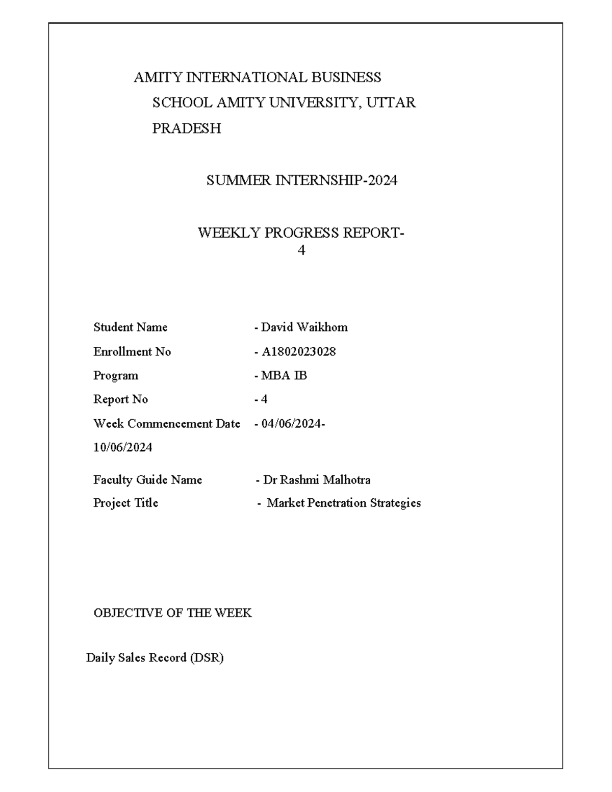 NTCC WPR 4 - AMITY INTERNATIONAL BUSINESS SCHOOL AMITY UNIVERSITY, UTTAR PRADESH SUMMER ...