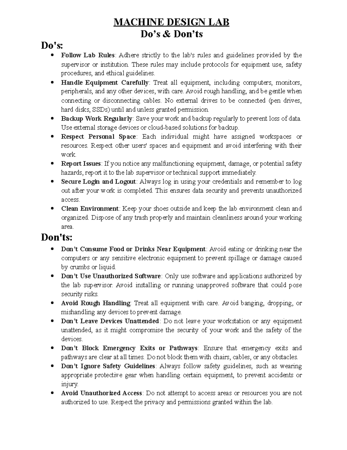 Machine Design LAB Do's - MACHINE DESIGN LAB Do’s & Don’ts Do's: Follow ...