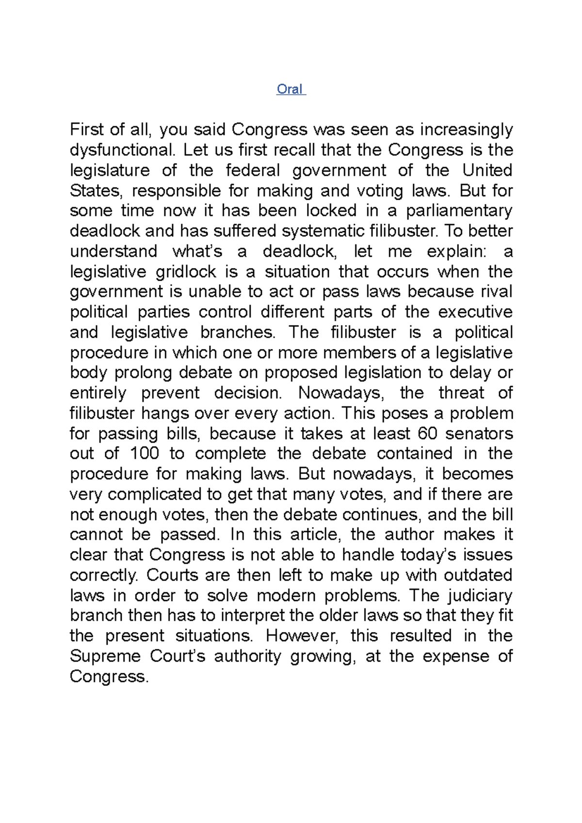 Oral pr présentation - Oral First of all, you said Congress was seen as ...
