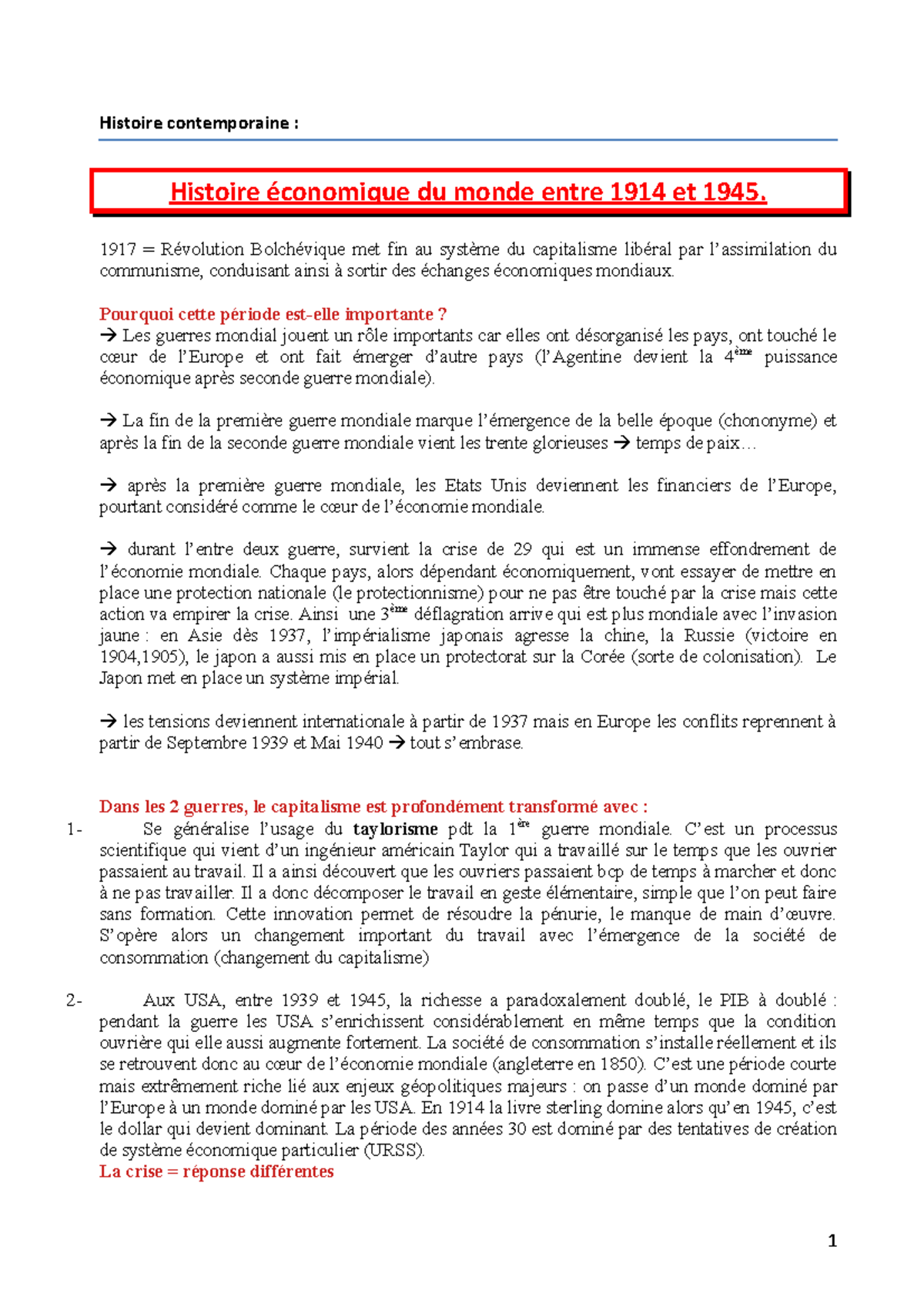 C1- Introduction - Histoire économique du monde durant le XXème siècle ...