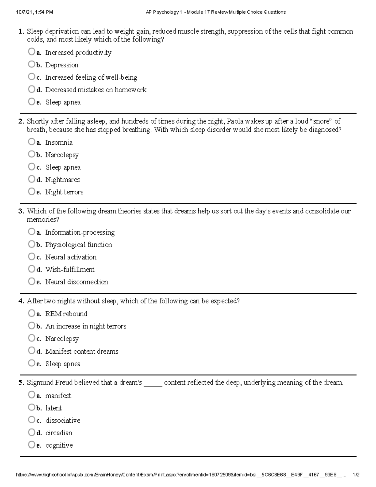 AP Psychology 1 - Module 17 Review Multiple Choice Questions - 10/7/21 ...