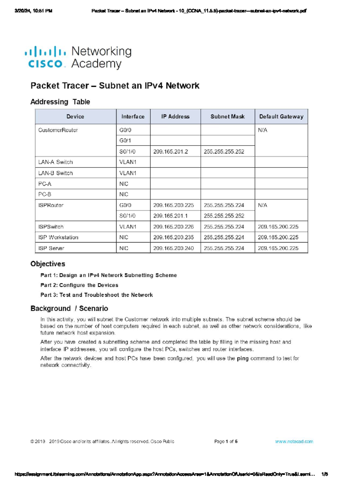 Packet Tracer –Subnet an IPv4 Network - Networking in Cisco packet ...
