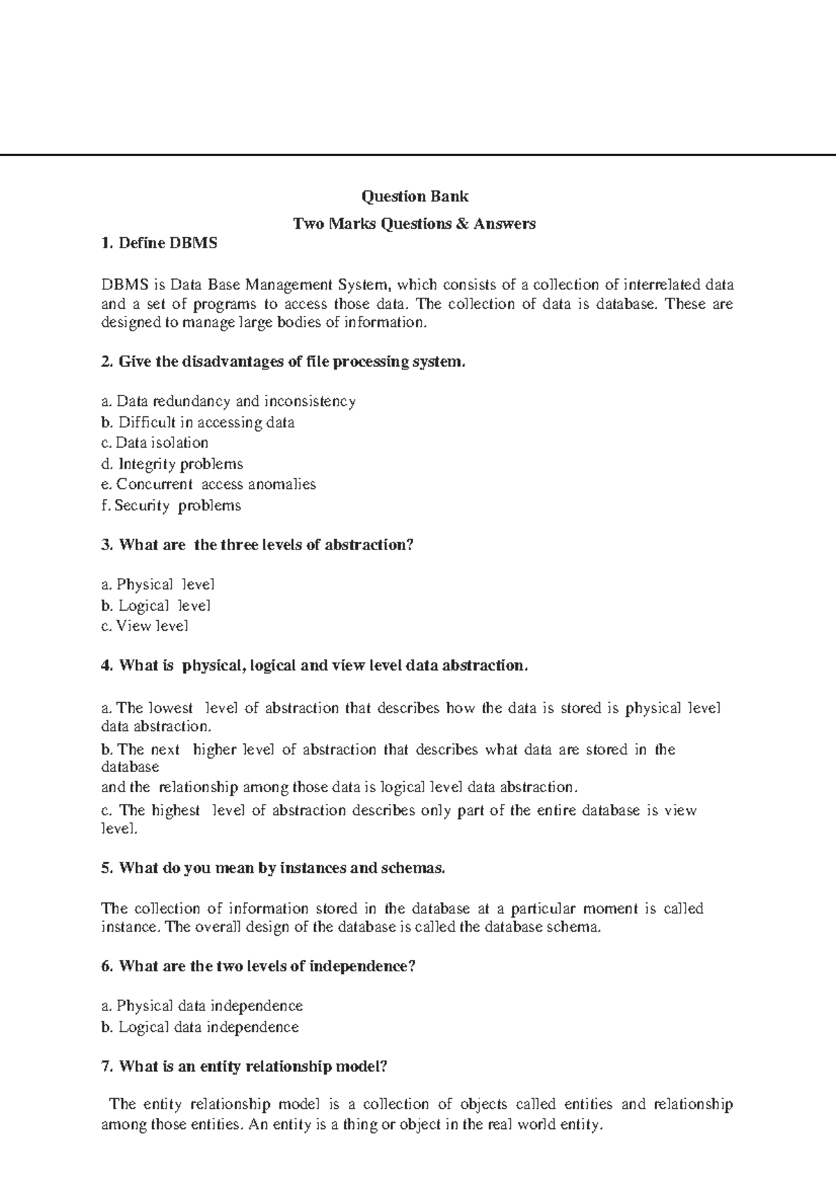 CS6005 ADS 2 Marks WITH Answer - Question Bank **Two Marks Questions & Answers Define DBMS ...