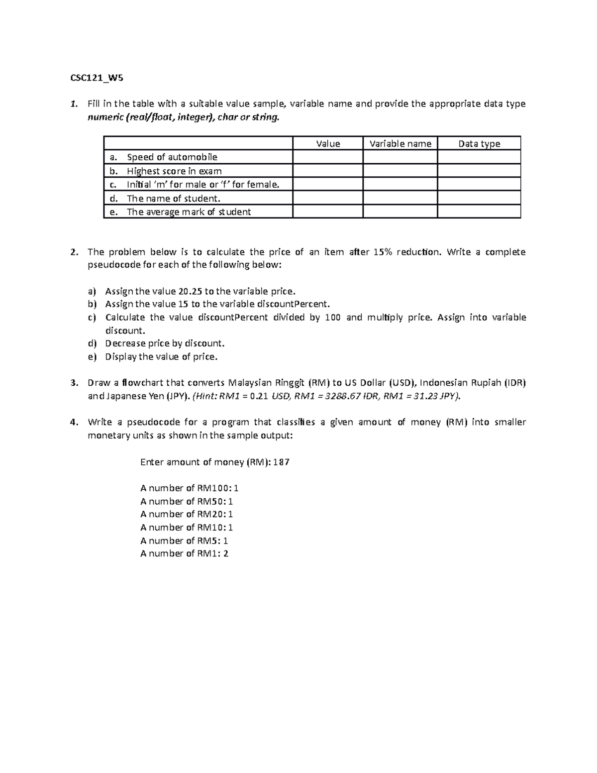 CSC121 W5 upd - Tutorial - CSC121_W Fill in the table with a suitable ...
