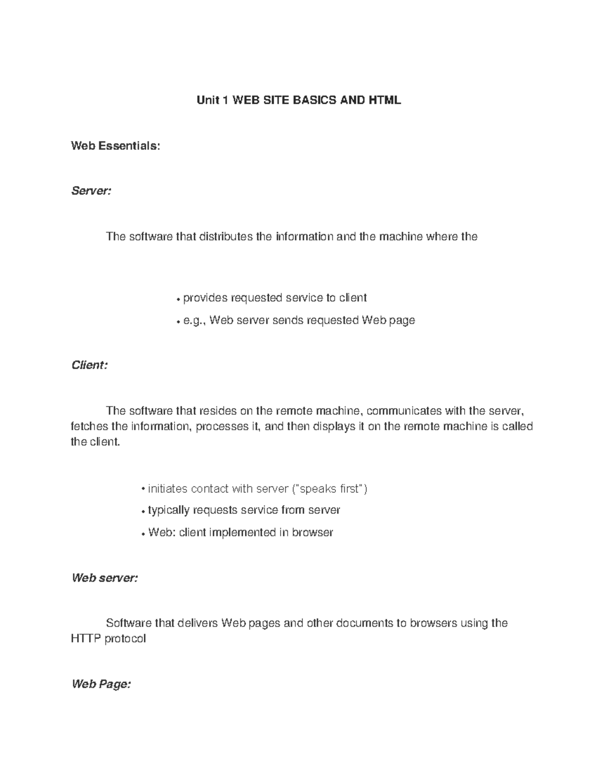 Info 235 Webtechnologies Notes - Unit 1 WEB SITE BASICS AND HTML Web ...