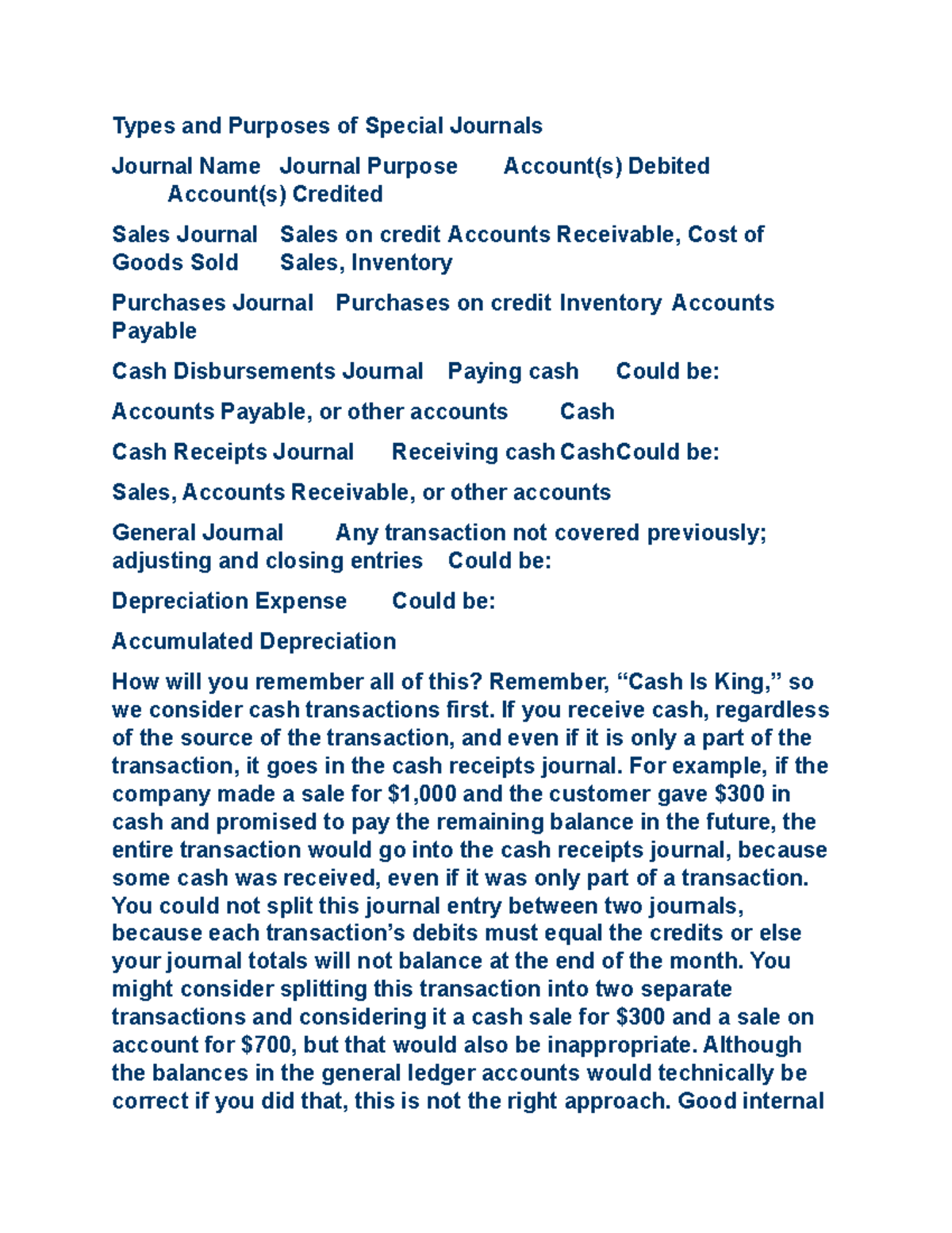 Types and Purposes of Special Journals - If you receive cash ...