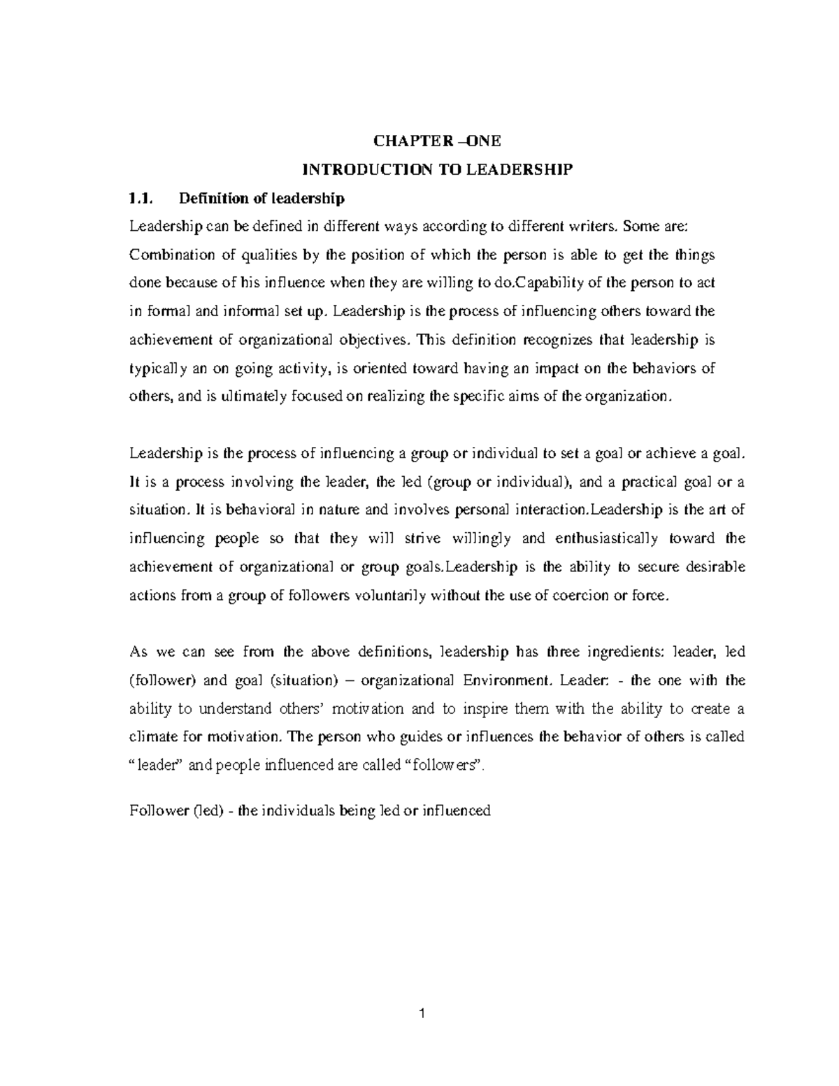 New Leadership materials - CHAPTER – ONE INTRODUCTION TO LEADERSHIP ...