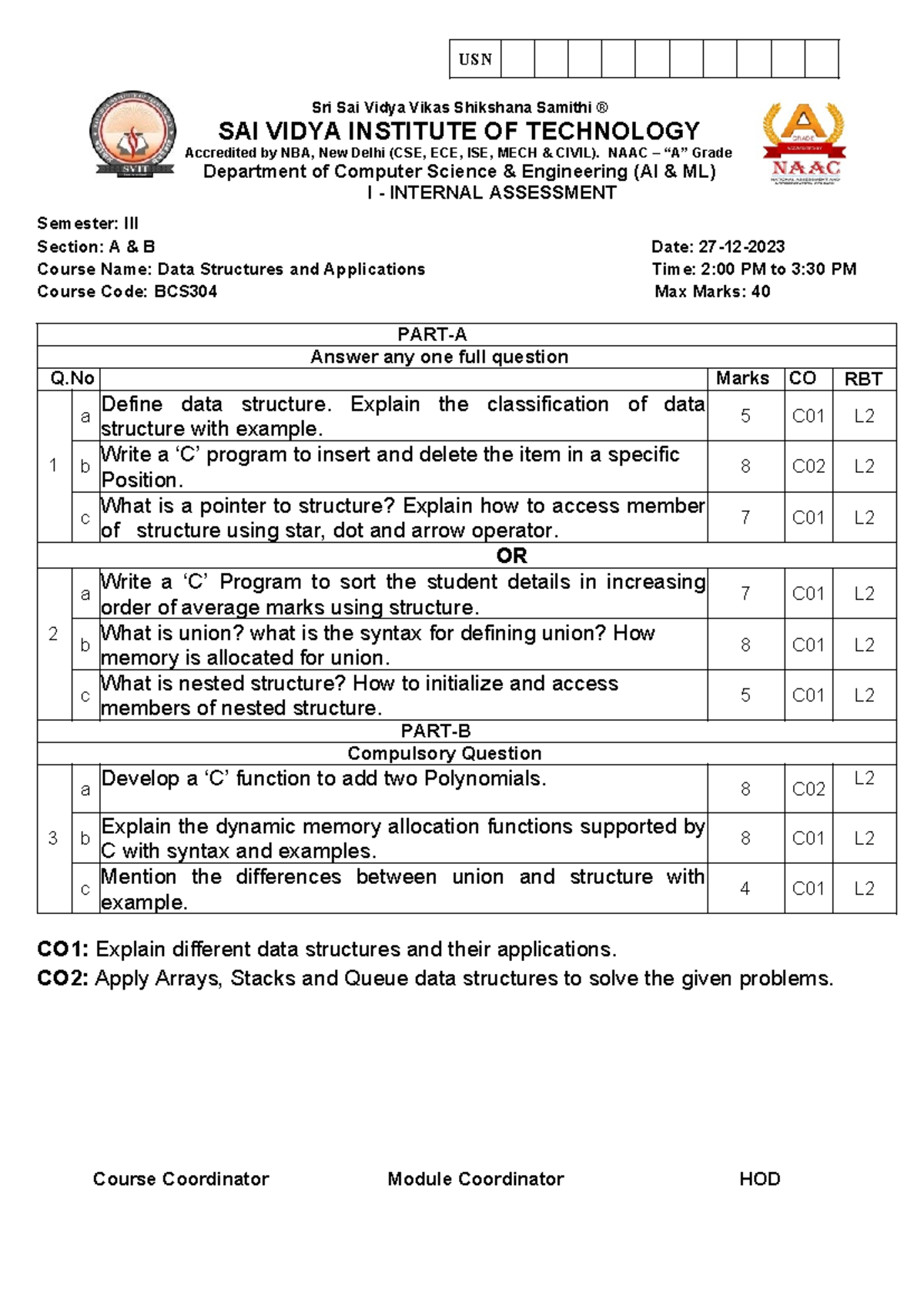 DS 1st IA QP - IMPORTANT QP FOR DATA STRUCTURE - USN Sri Sai Vidya Vikas Shikshana Samithi ® SAI ...