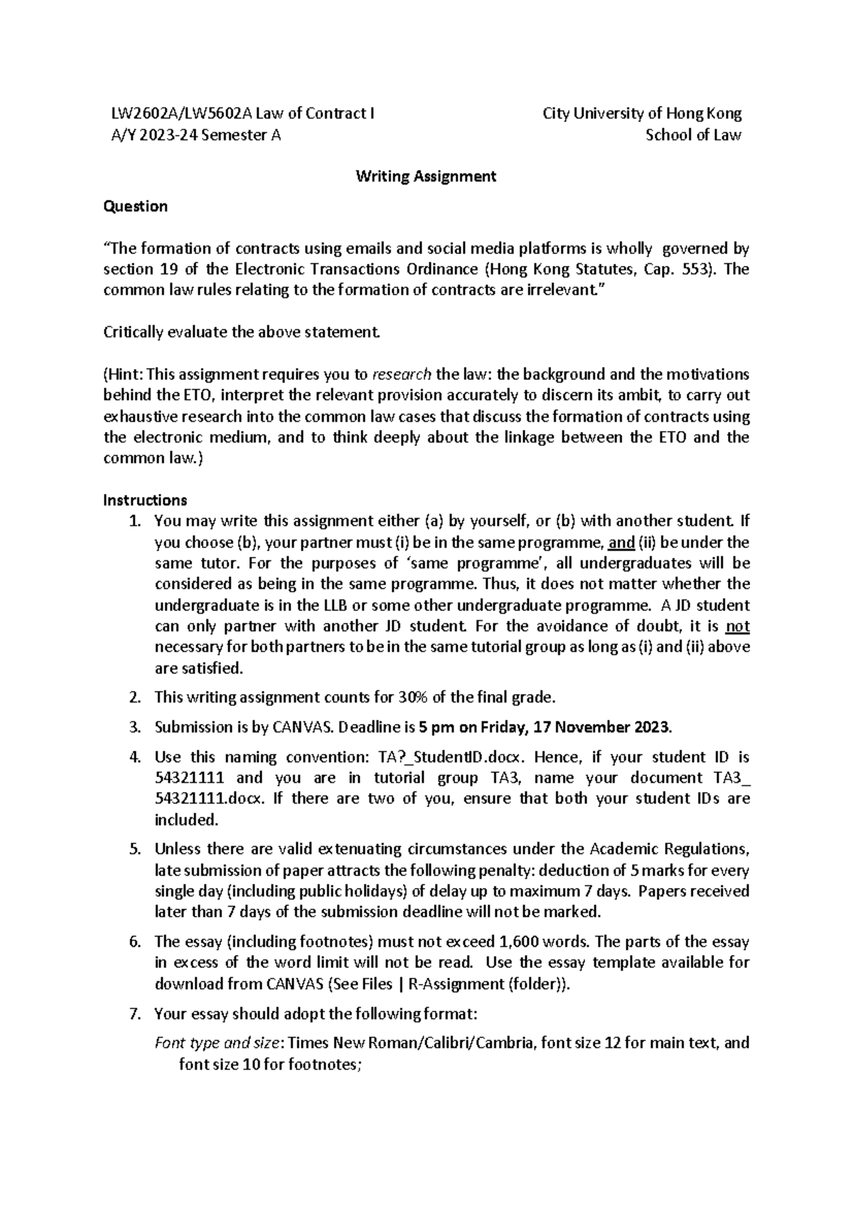 Assignment Contract-2324A - LW2602A/LW5602A Law of Contract I A/Y 2023 ...
