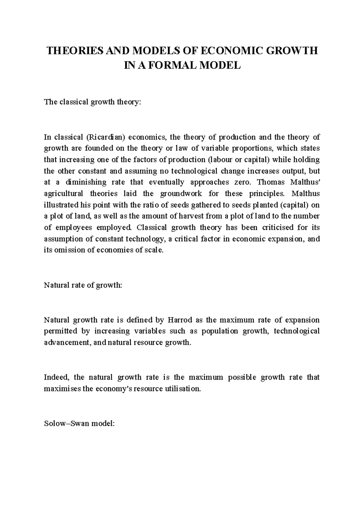 Theories AND Models OF Economic Growth IN A Formal Model - THEORIES AND ...