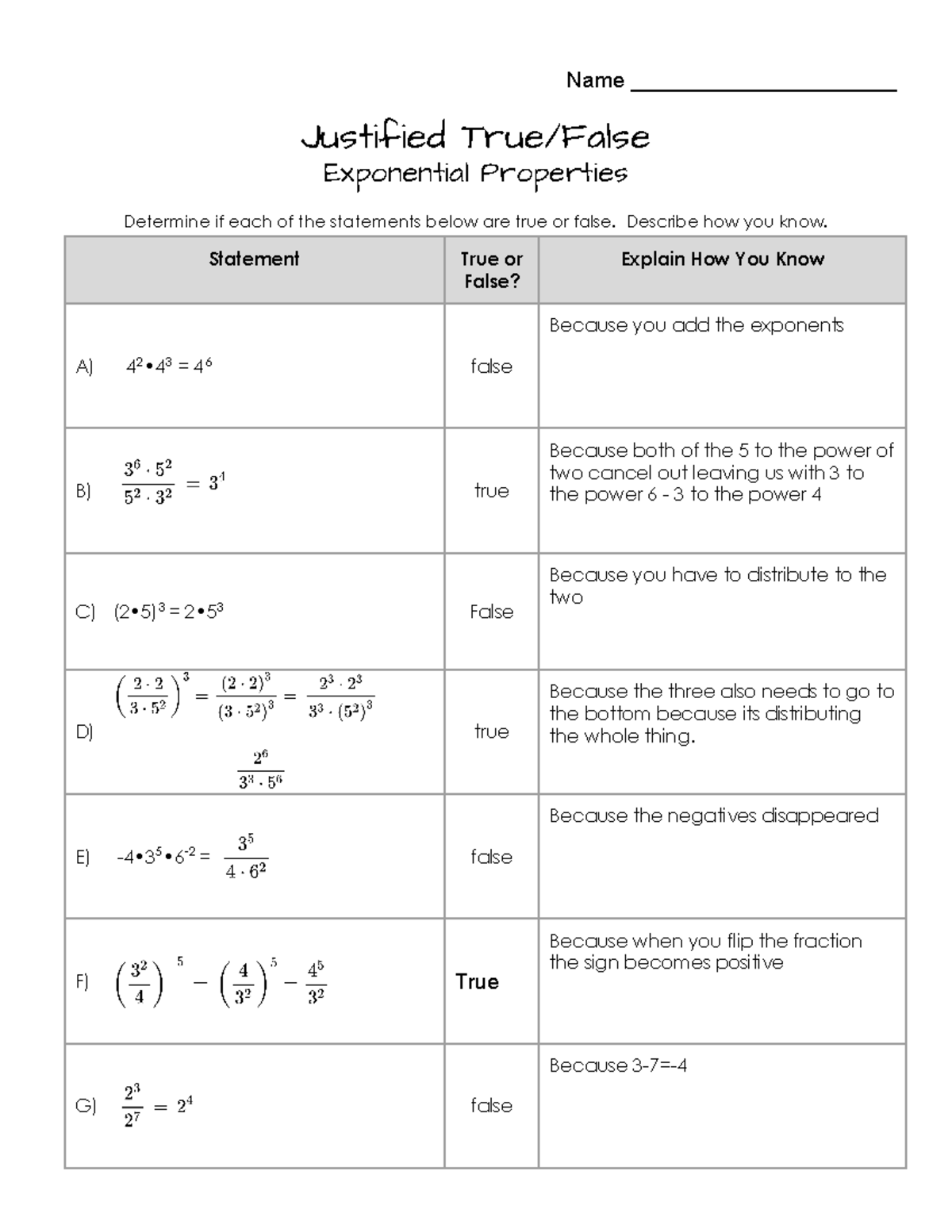 Copy of Exponential Properties - Justified True False - Justified True ...