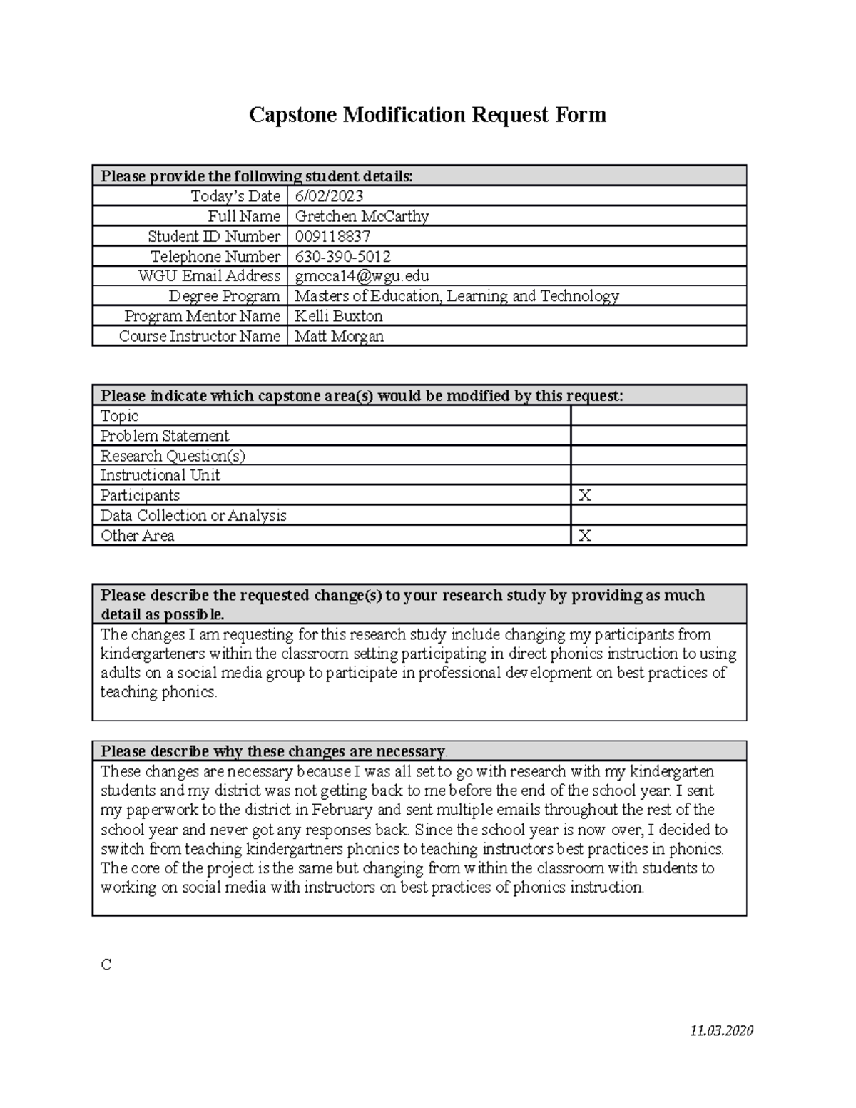 Capstone Modification Request Form - The changes I am requesting for ...