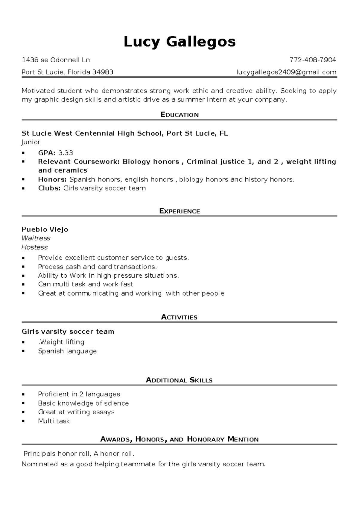 Student Resume finished - Lucy Gallegos 1438 se Odonnell Ln 772-408 ...