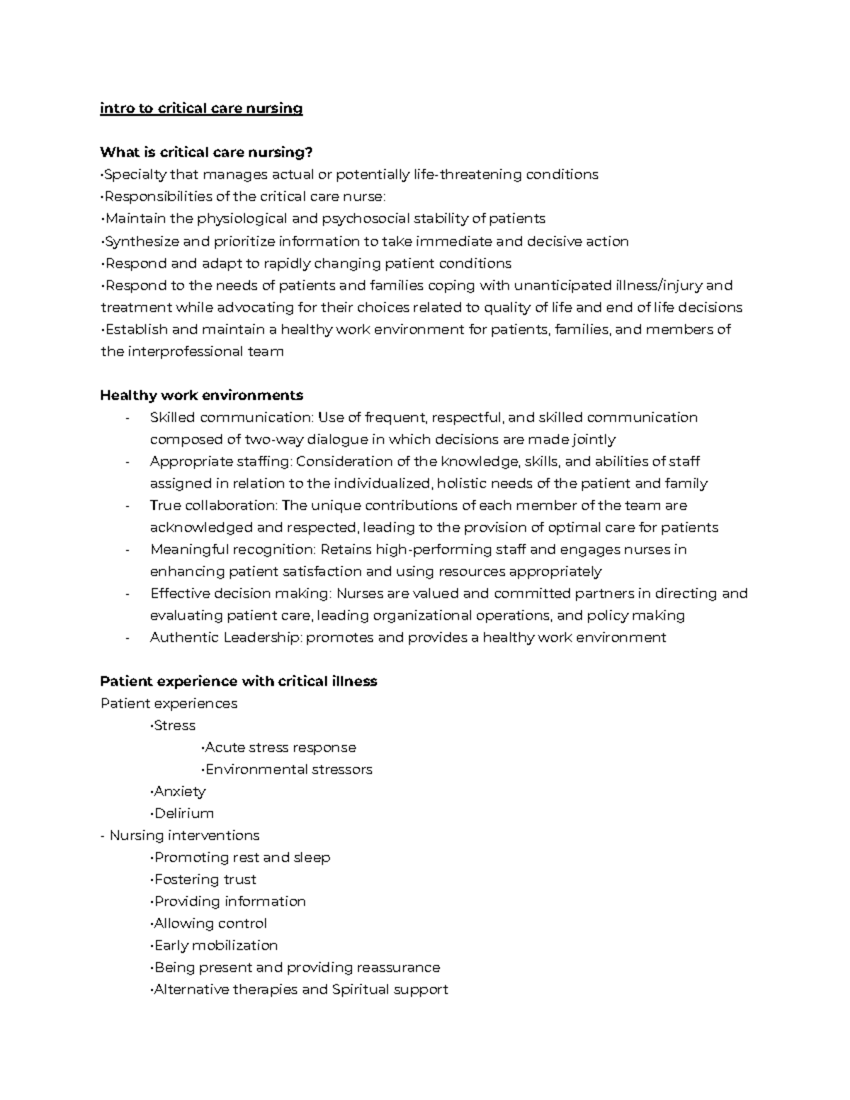 CC notes 1:11:23 - intro to critical care nursing What is critical care ...
