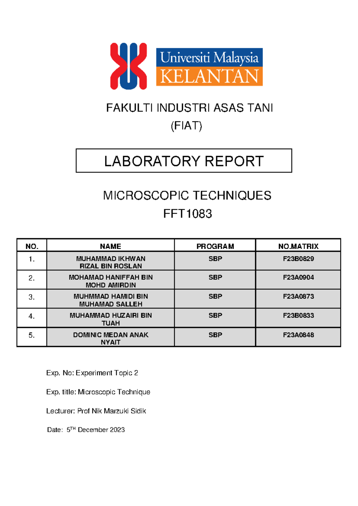 LAB Report Topic 2 Microscopic Techniques - FAKULTI INDUSTRI ASAS TANI ...