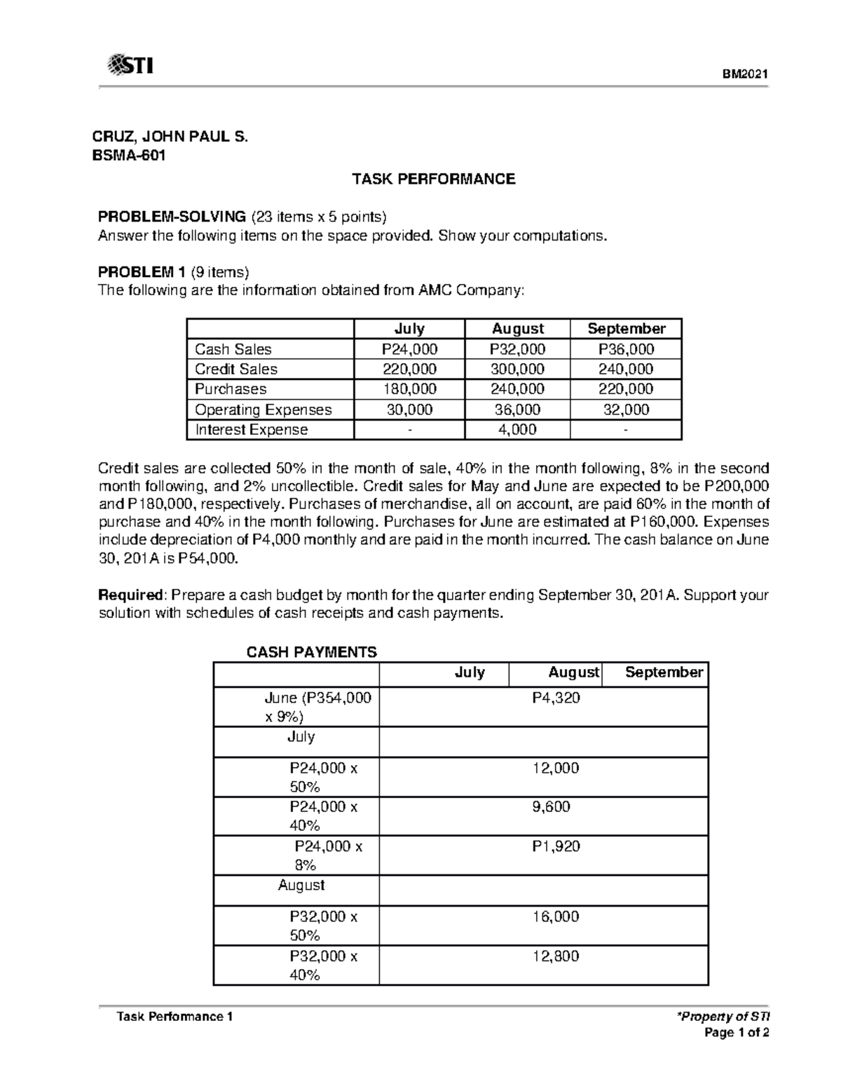 CRUZ 10 Task Performance - Task Performance 1 *Property of STI CRUZ, JOHN PAUL S. BSMA-6 01 TASK ...
