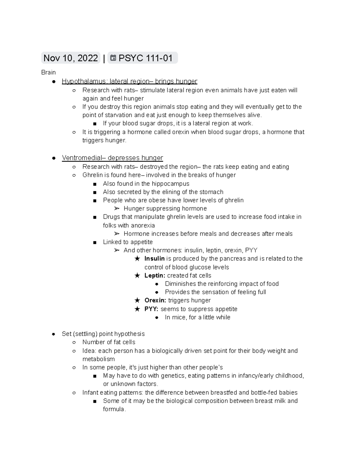 Notes - PSYC 111-01 - Nov 10, 2022 | PSYC 111- Brain Hypothalamus ...