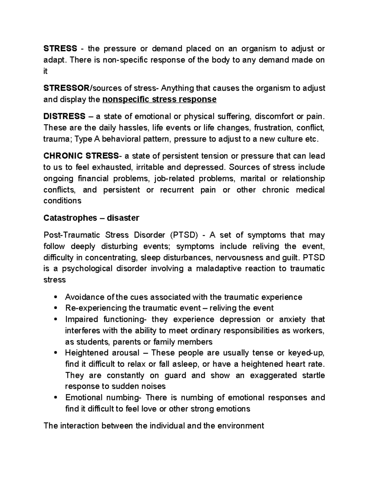Stress 2 - psychology 111 - STRESS - the pressure or demand placed on an organism to adjust or ...