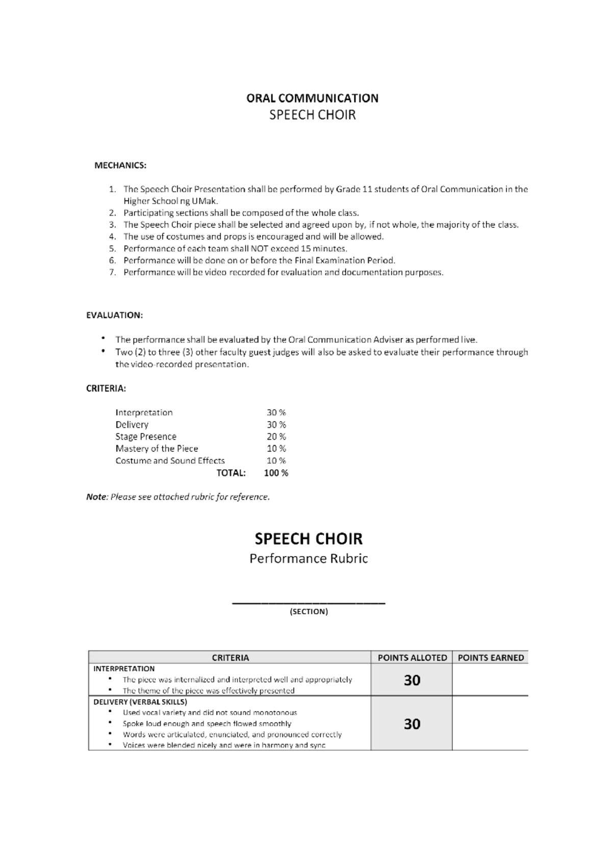 Speech Choir Mechanics and Rubrics - Bachelor of Secondary Education ...