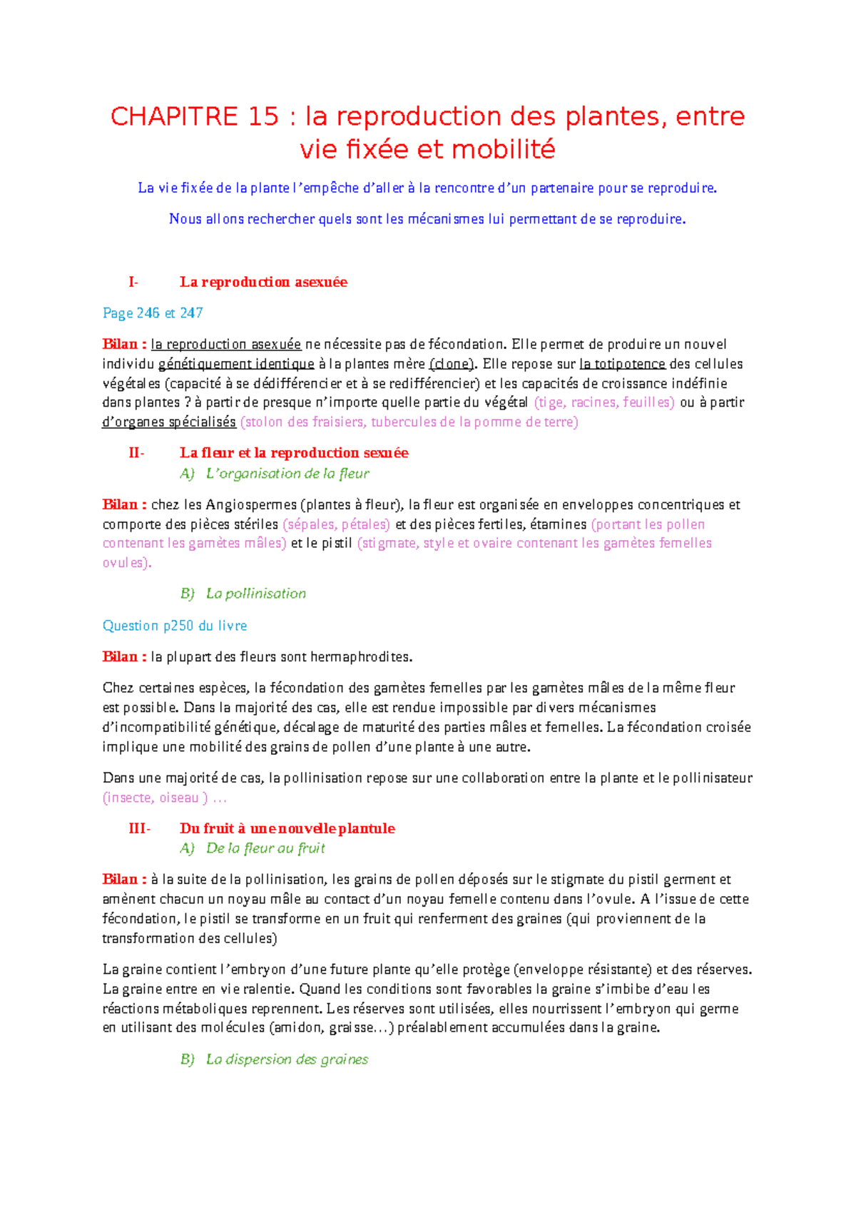Chapitre 15 - cours sur la reproduction des plantes, entre vie fixée et ...