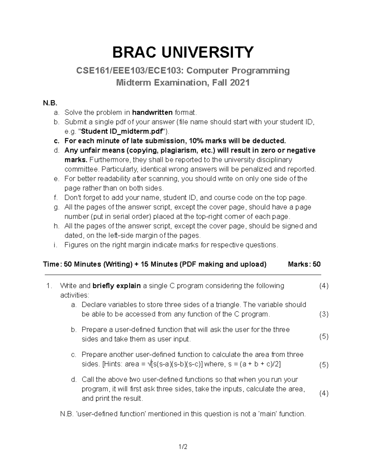 Midterm Cse161 Eee103 Ece103 Fall2021 Brac University Cse161eee103ece103 Computer
