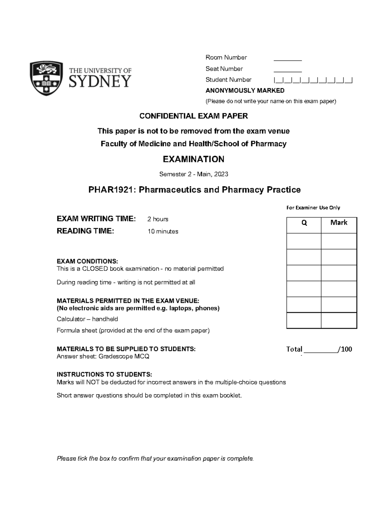 Mock exam paper PHAR 1921 Pharmaceutics with answer - CONFIDENTIAL EXAM ...