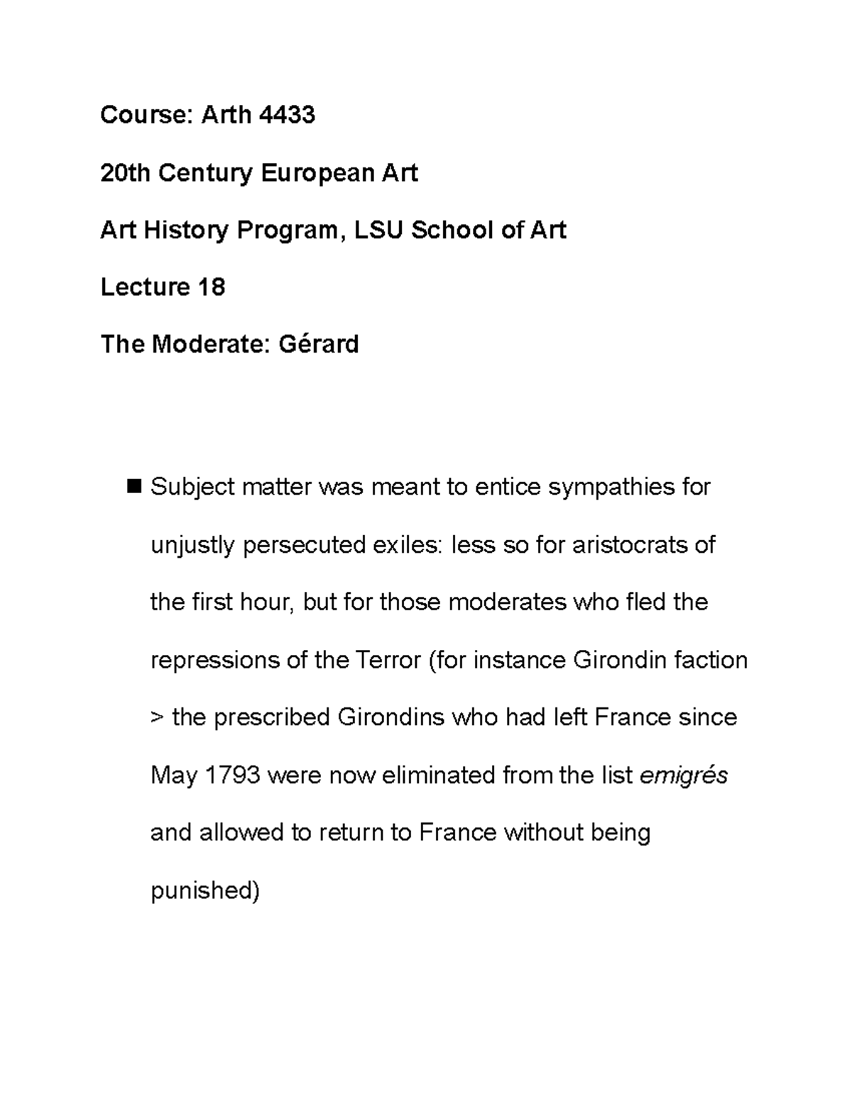 Gérard - Transcription class notes for ARTH 4433 - Course: Arth 4433 ...